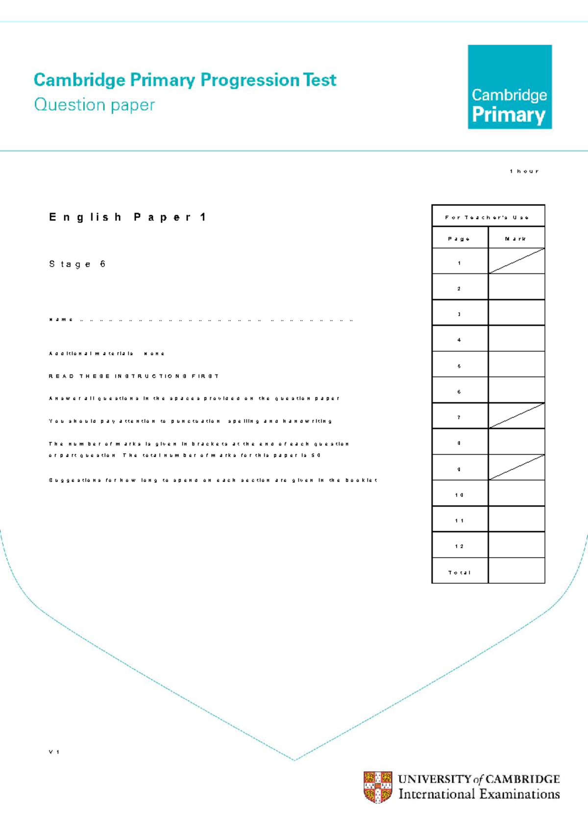 Cambridge Primary Progression Test - Stage 6 English Paper 1 (2011 ...