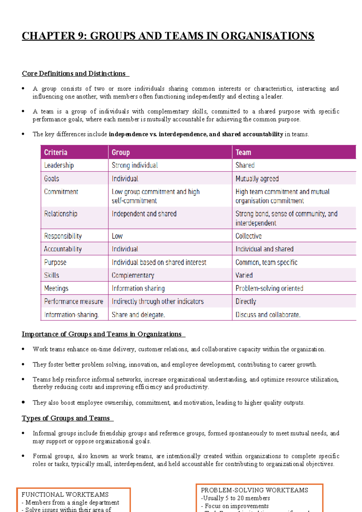 CHAPTER 9: GROUPS AND TEAMS IN ORGANISATIONS - Key Concepts and Insights - Studocu
