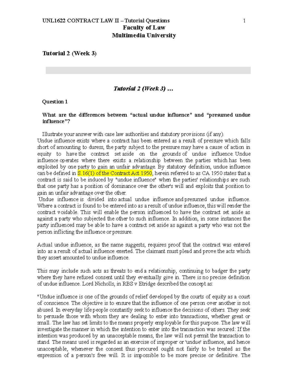 2022 Contract II - Tutorial 2 (Week 3) - UNL1622 CONTRACT LAW II ...