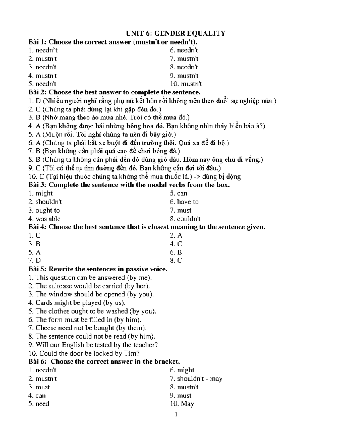 Unit 6: Gender Equality - Exercises and Answers for English Grade 10 ...
