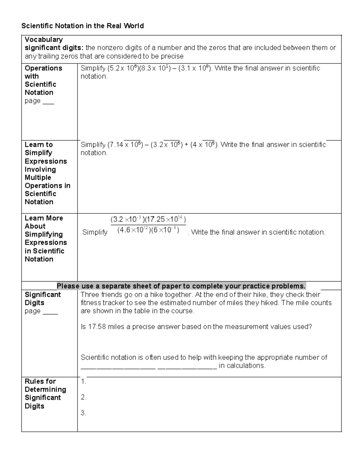 Algebra One Honors - Scientific Notation in the Real World Vocabulary ...
