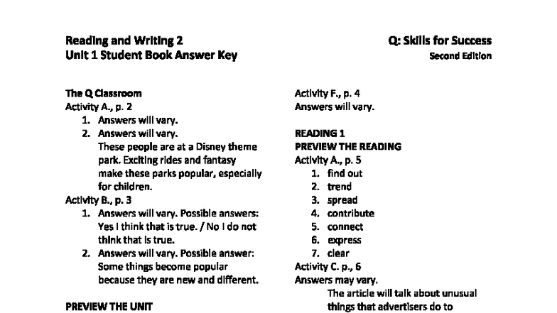 Reading and Writing 2 Q: Skills for Success Unit 1-5 Answer Key (2nd Ed ...