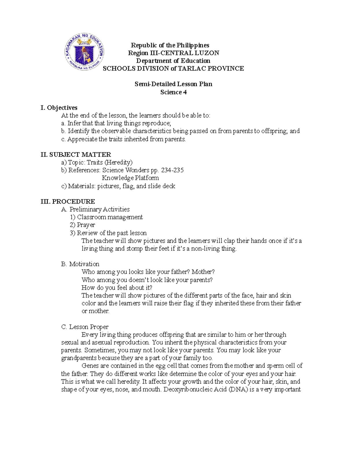 Semi-Detailed Lesson Plan - Republic of the Philippines Region III ...