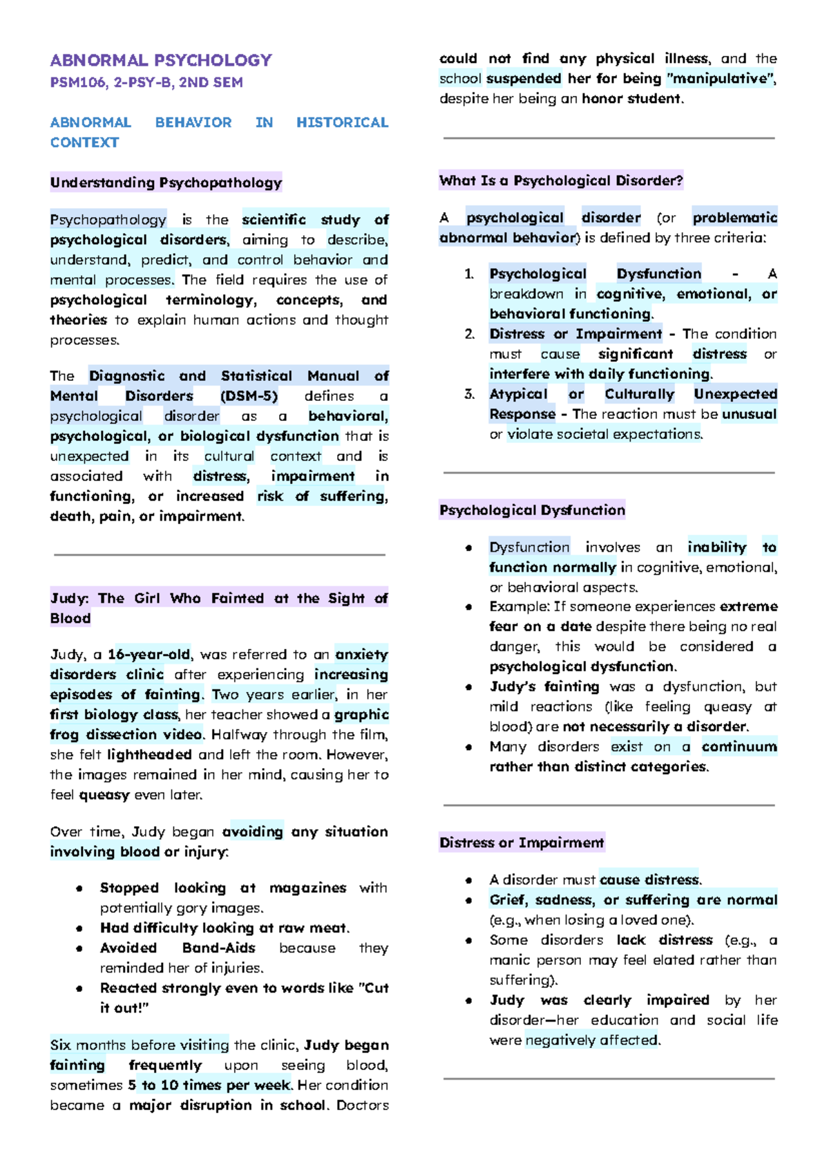Abnormal Psychology PSM106 Lesson 1 & 2 Notes: Understanding Disorders ...