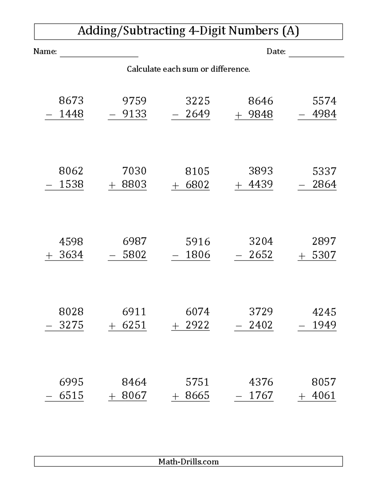 Mixed Addition and Subtraction (4-Digit) Practice - Numbers (A-J) - Studocu
