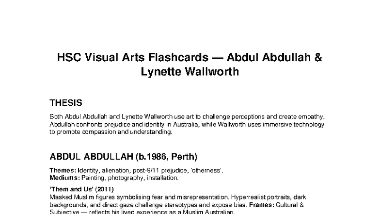 HSC Visual Arts Essay Notes: Abdul Abdullah & Lynette Wallworth - Studocu