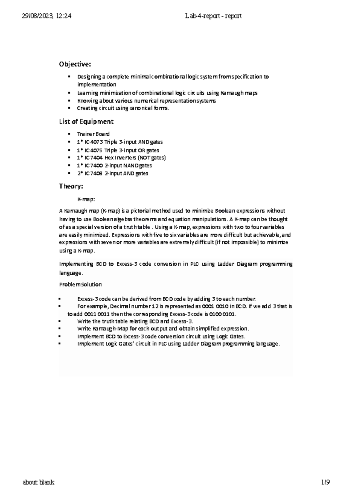 Cse Lab 4 report report - Objective: Designing a complete minimal combinational logic system ...
