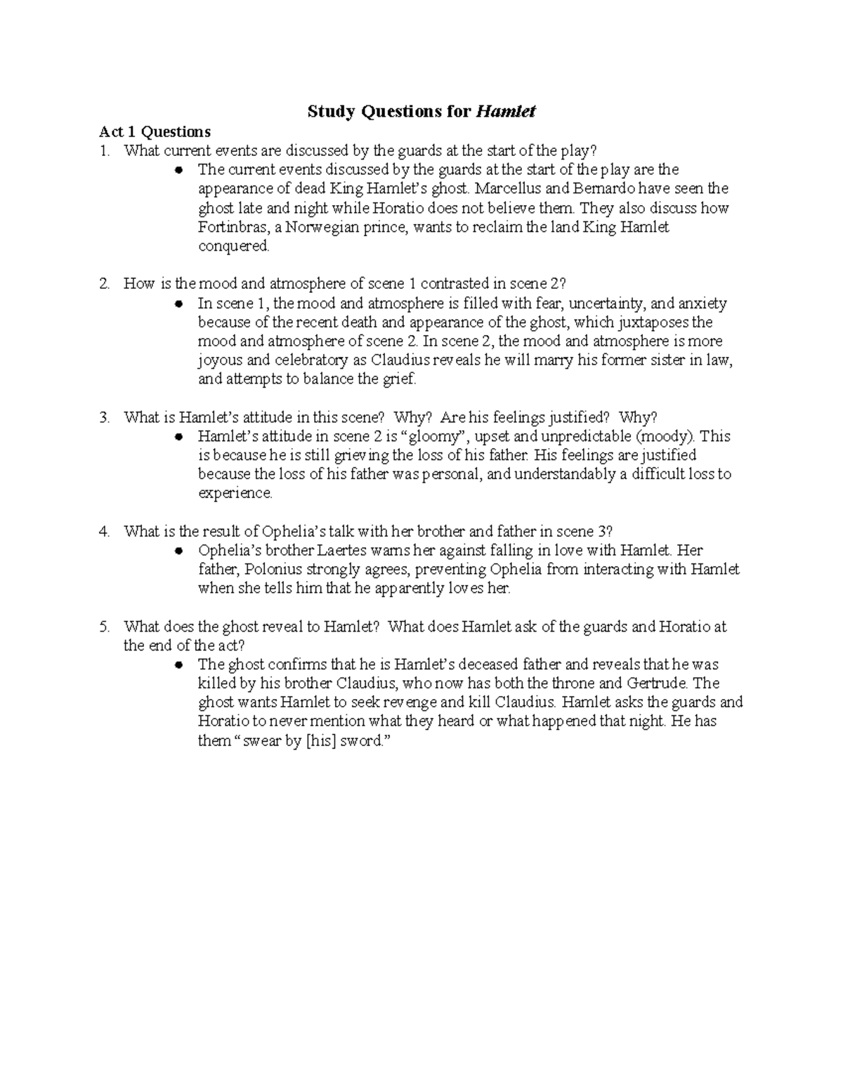 Hamlet (ENG 201) Act 1 Study Questions and Analysis - Studocu