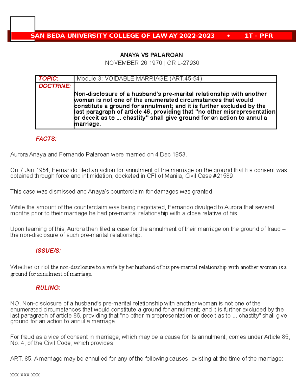 Anaya vs Palaroan: Case Digest on Voidable Marriage - PFR 1T - Studocu