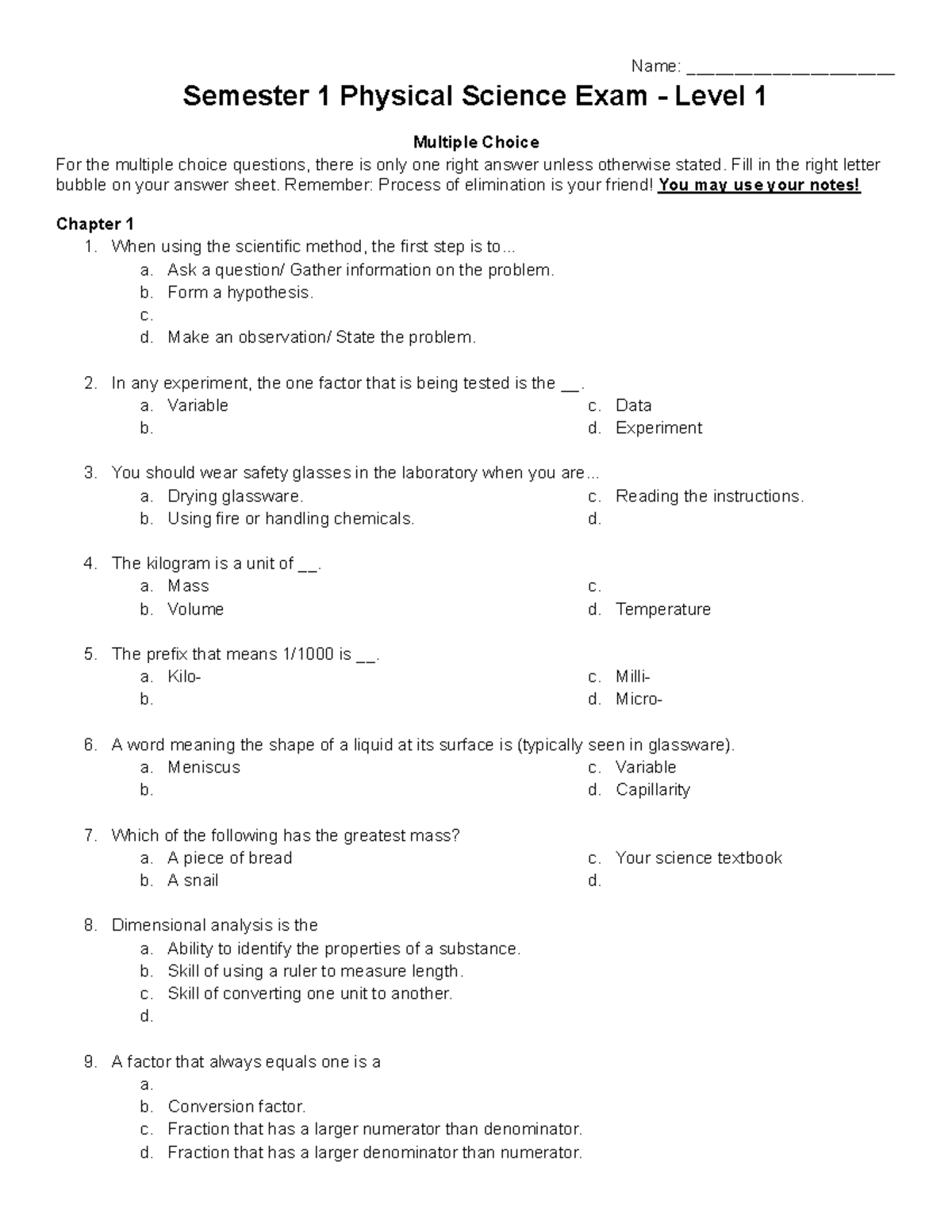 Physical Science Final Exam - Level 1 (Semester 1, Fall 2024) - Studocu