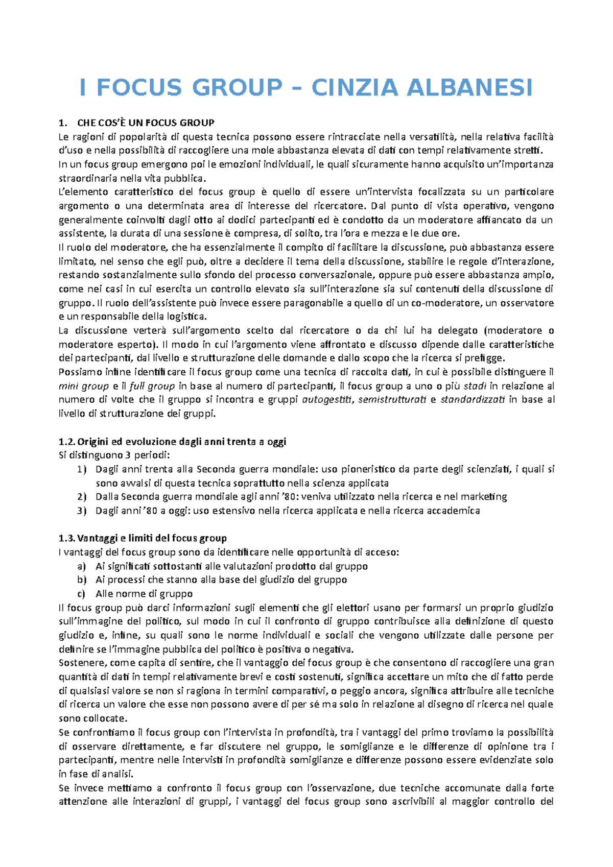 5) I focus group - I FOCUS GROUP – CINZIA ALBANESI 1. CHE COS’È UN FOCUS GROUP Le ragioni di ...