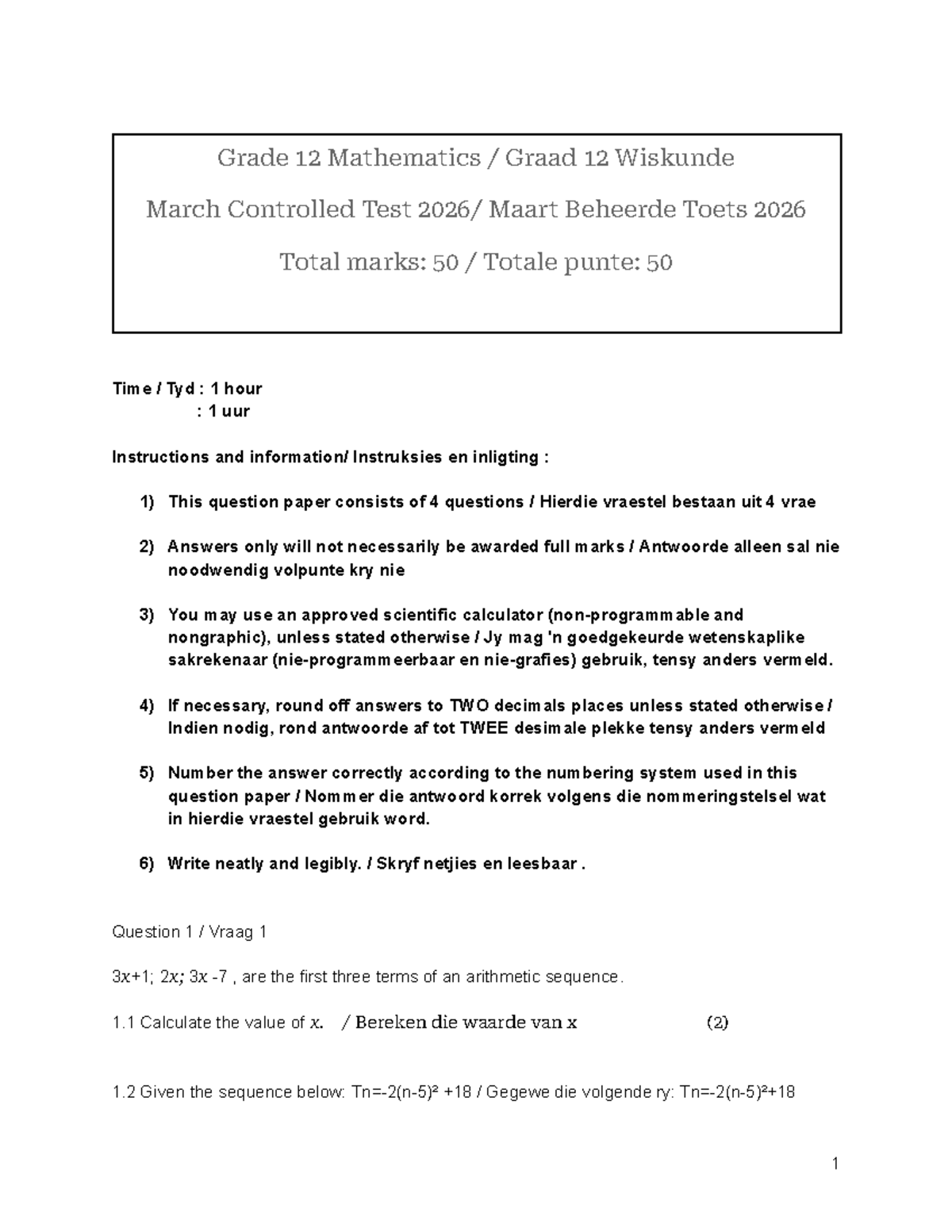 Grade 12 Mathematics / Graad 12 Wiskunde March Test 2026 / Maart Toets ...