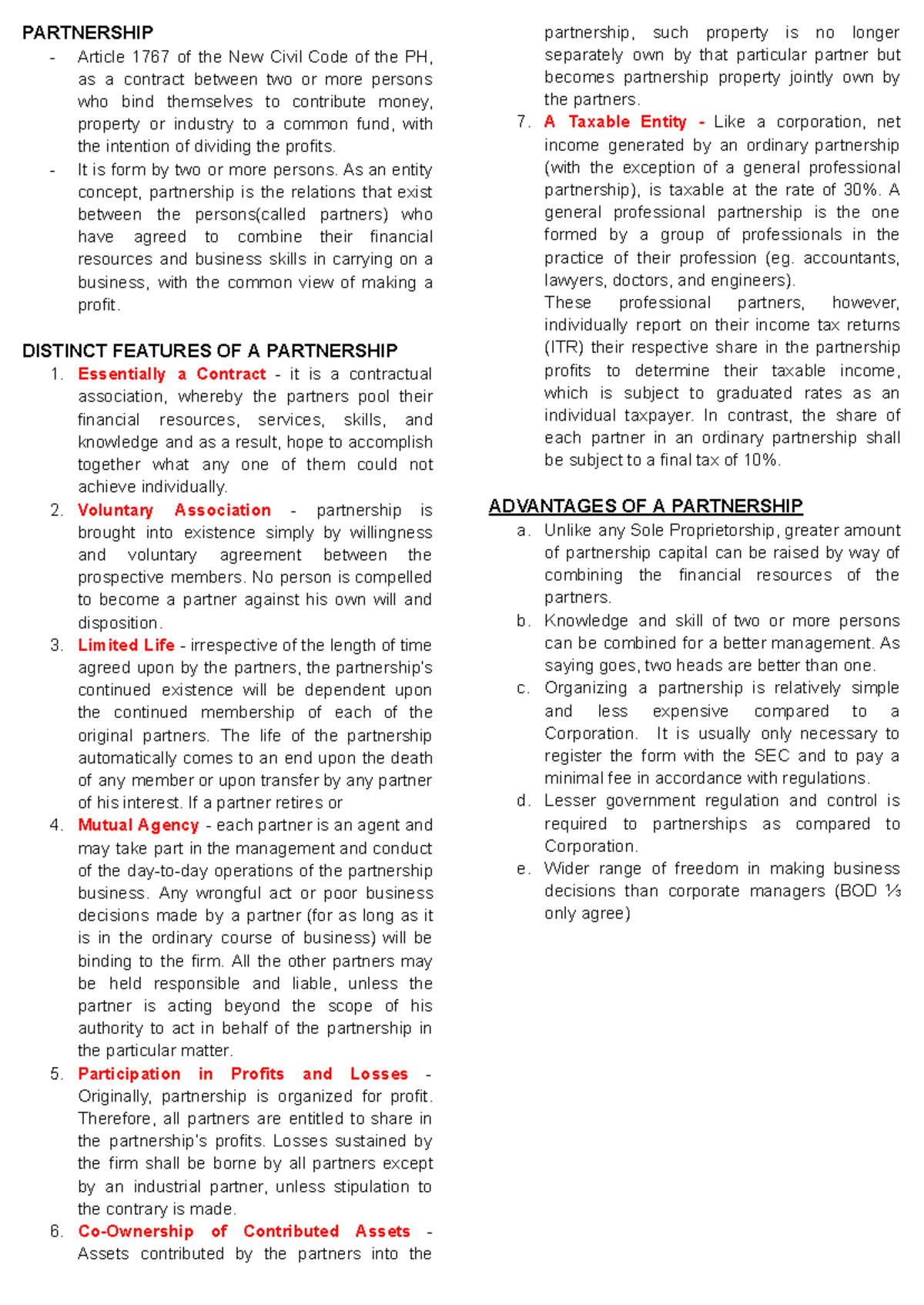 Partnerships: Key Features & Advantages - Lecture Notes (LAW 101) - Studocu