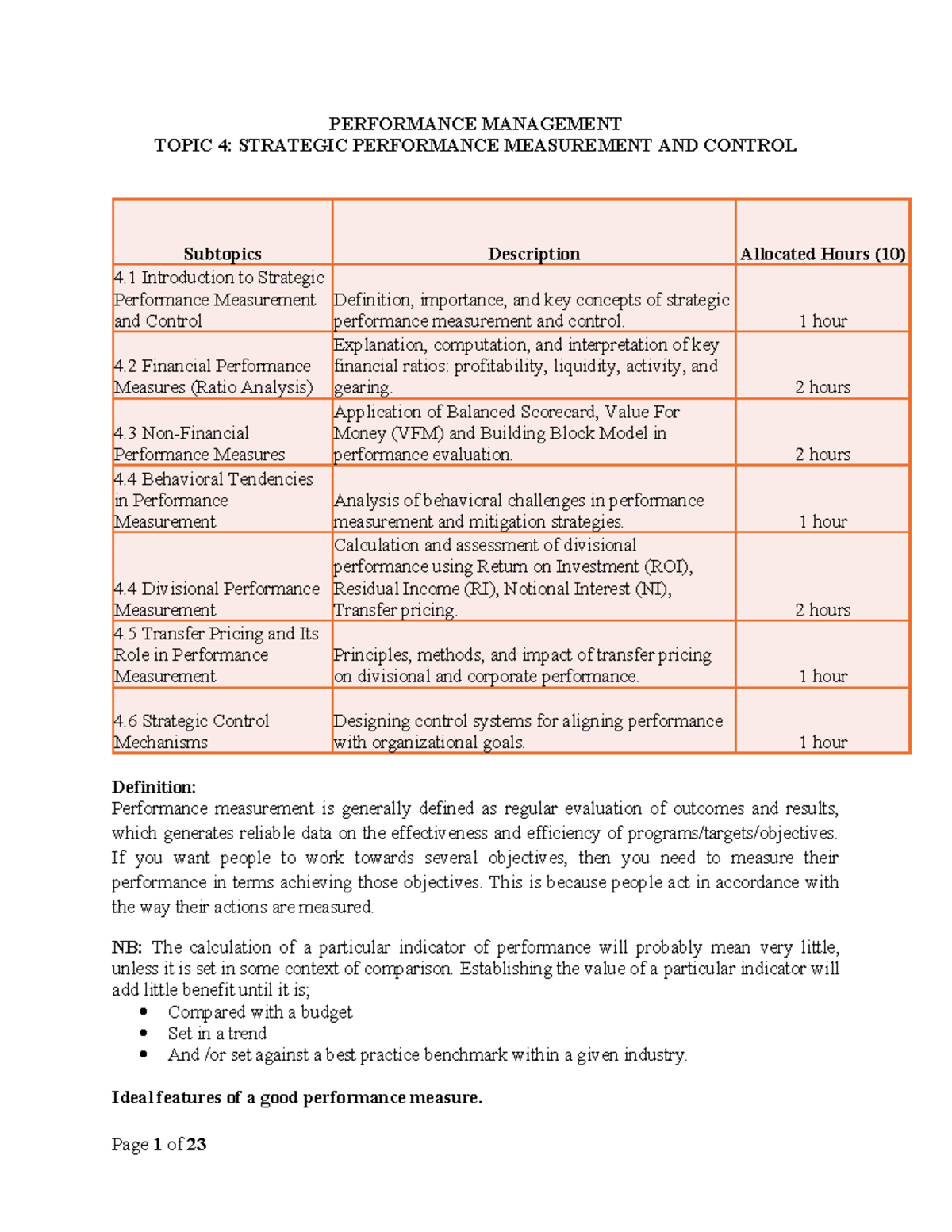 PERFORMANCE MANAGEMENT (MGT 401): STRATEGIC MEASUREMENT & CONTROL NOTES ...