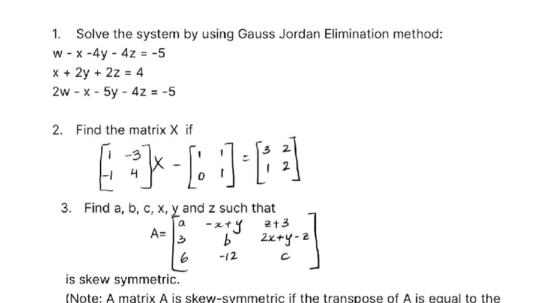 MATH 101: Review Questions on Matrix Operations and Systems - Studocu