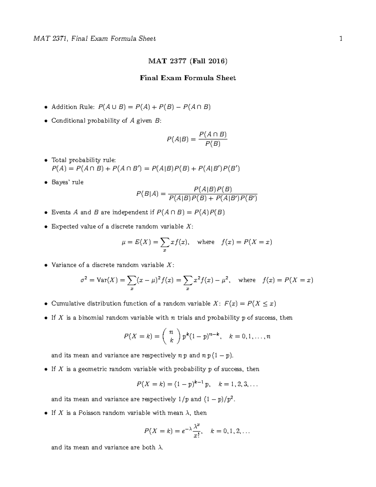 MAT 2371, Final Exam Formula Sheet (Fall 2016) - Studocu