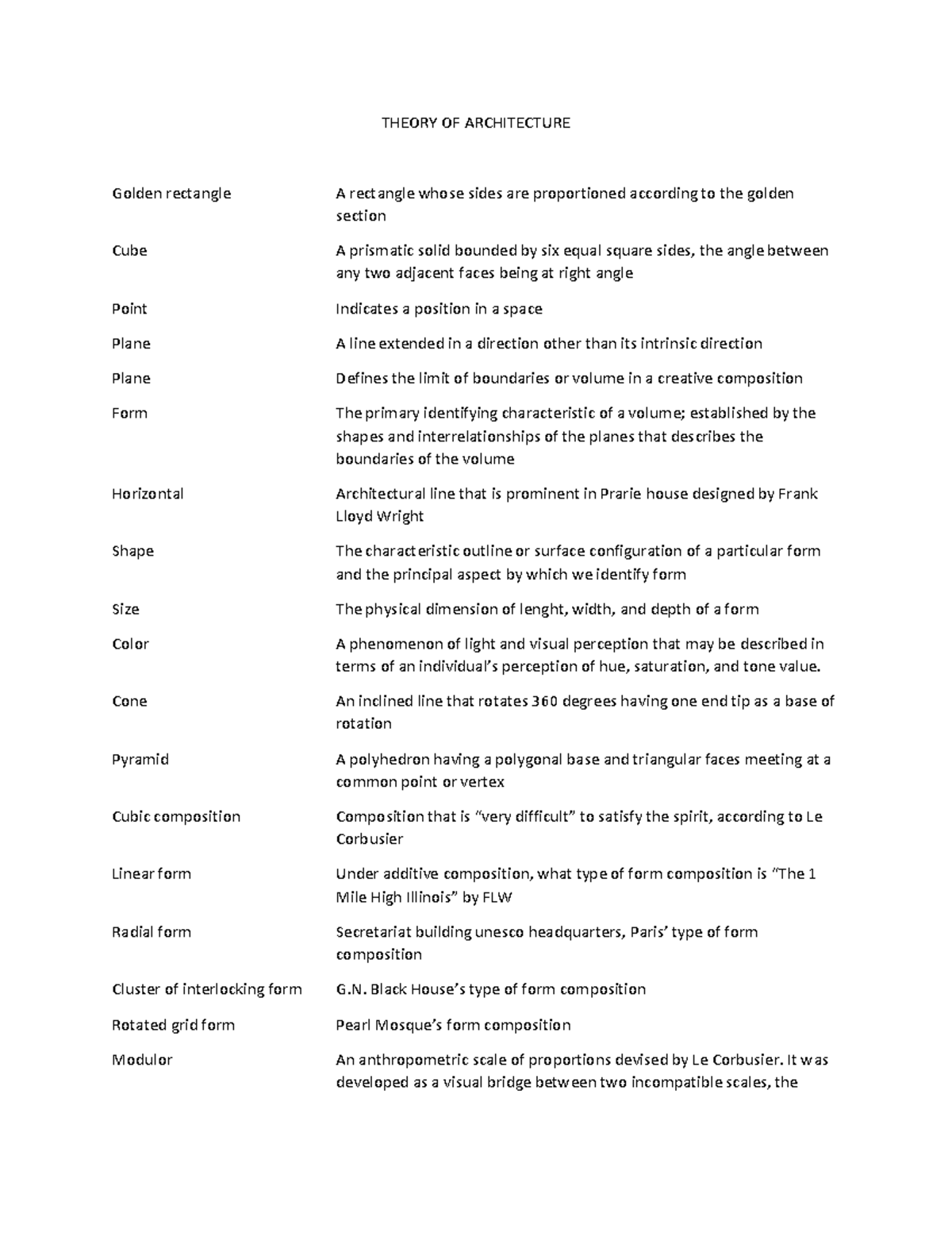 TOA - Theory of Architecture: Key Definitions and Concepts - Studocu
