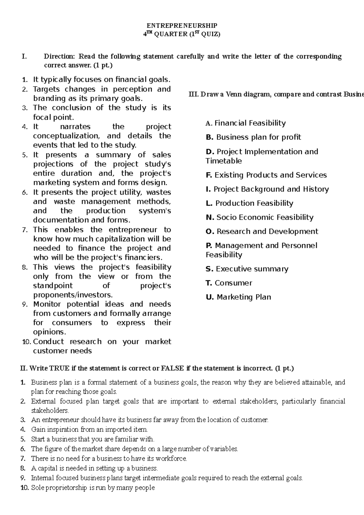 1st quiz - study - ENTREPRENEURSHIP 4 TH QUARTER (1ST QUIZ) I ...