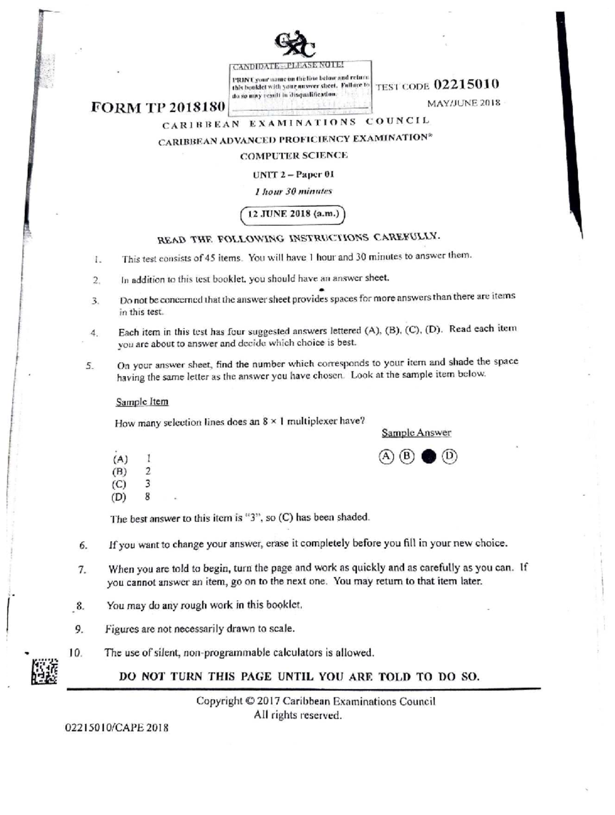 Comp Sci U2 Paper 01 Final Exam 2018 - Caribbean Advanced Proficiency ...
