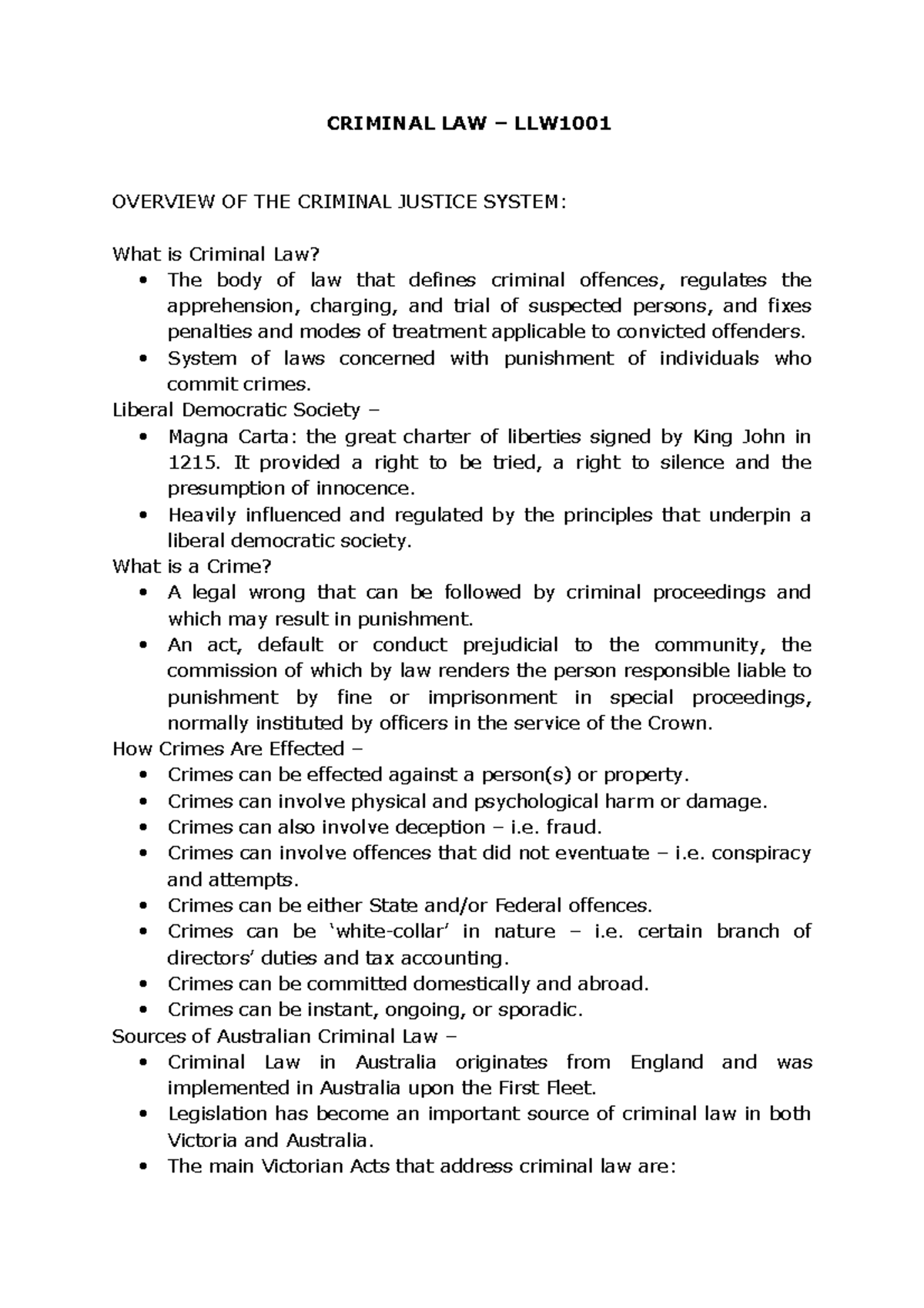Criminal Law – LLW1001 - CRIMINAL LAW – LLW OVERVIEW OF THE CRIMINAL ...