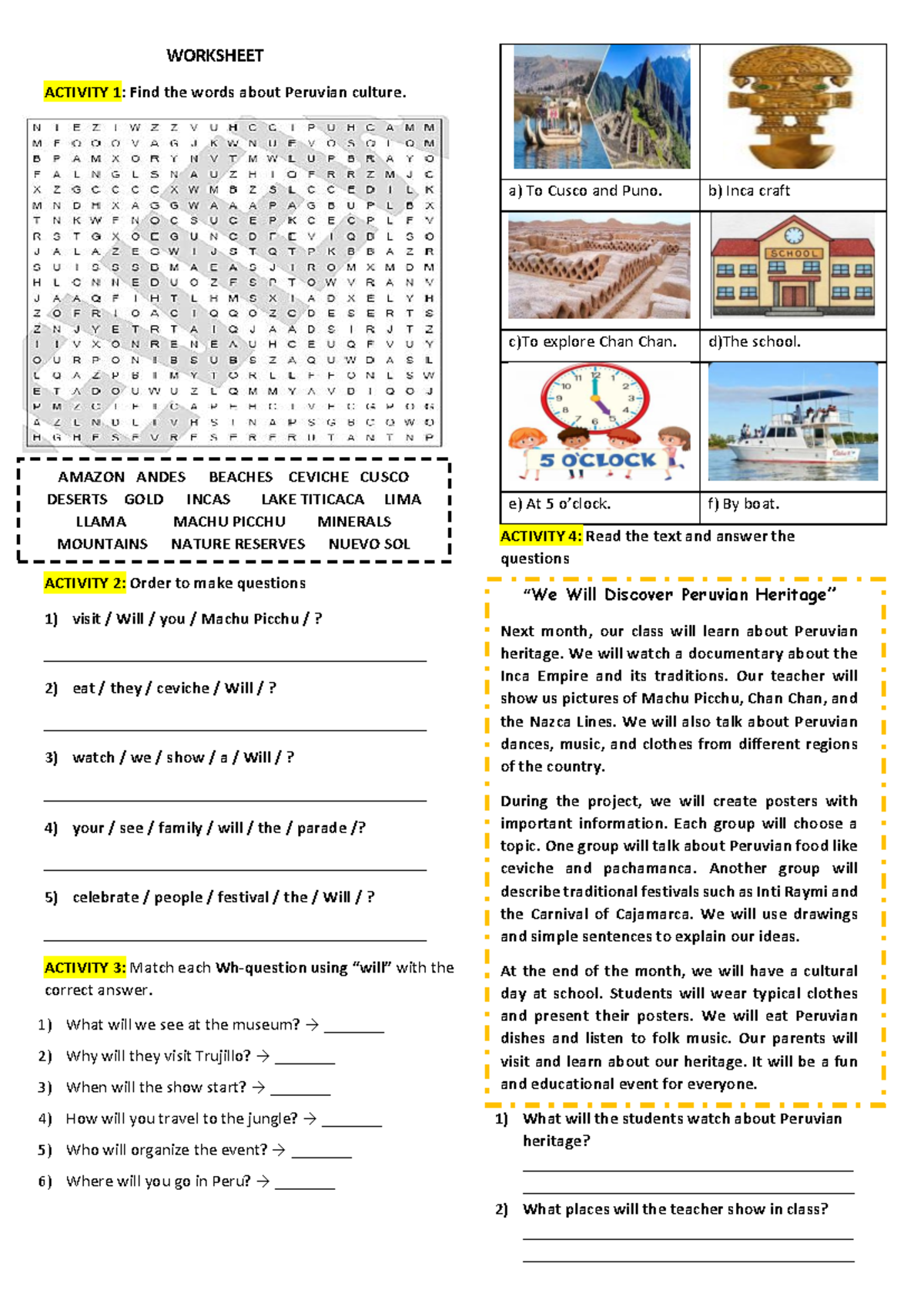 Worksheet 3: Unit 4 Future Tense - Exploring Peruvian Culture - Studocu