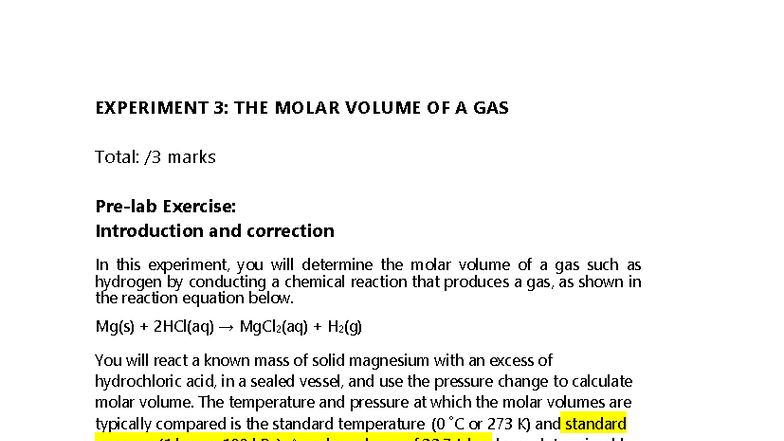 Experiment 3: Molar Volume of Gas - Pre-lab Questions - Studocu