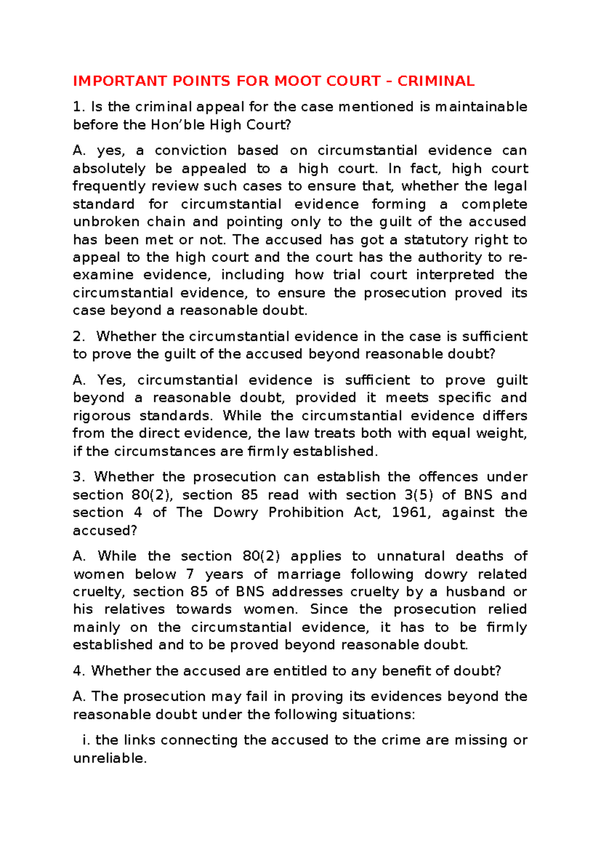 Important Points for Moot Court: Criminal Law Insights - Studocu