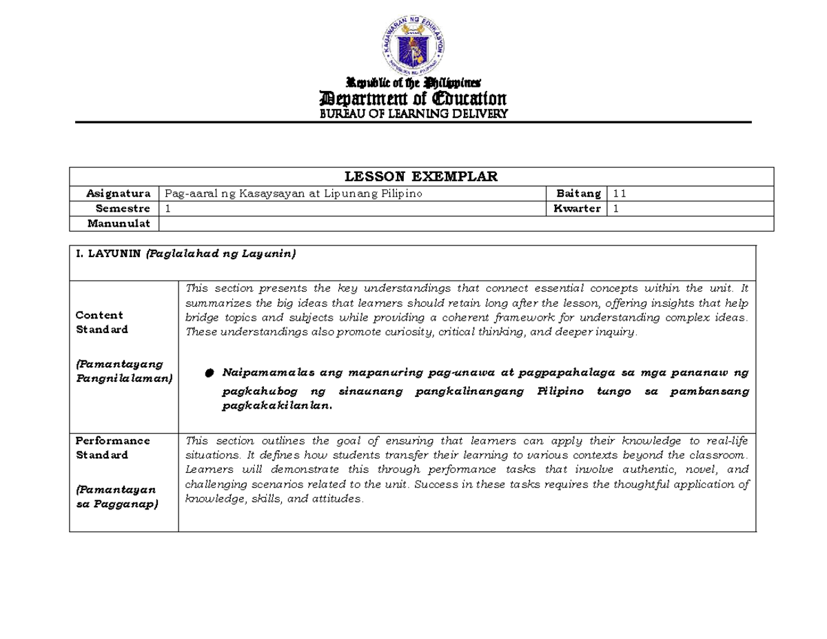 Grade 11 PKLP Lesson Exemplar: Ilaya at Ilawod (Week 3) - Studocu