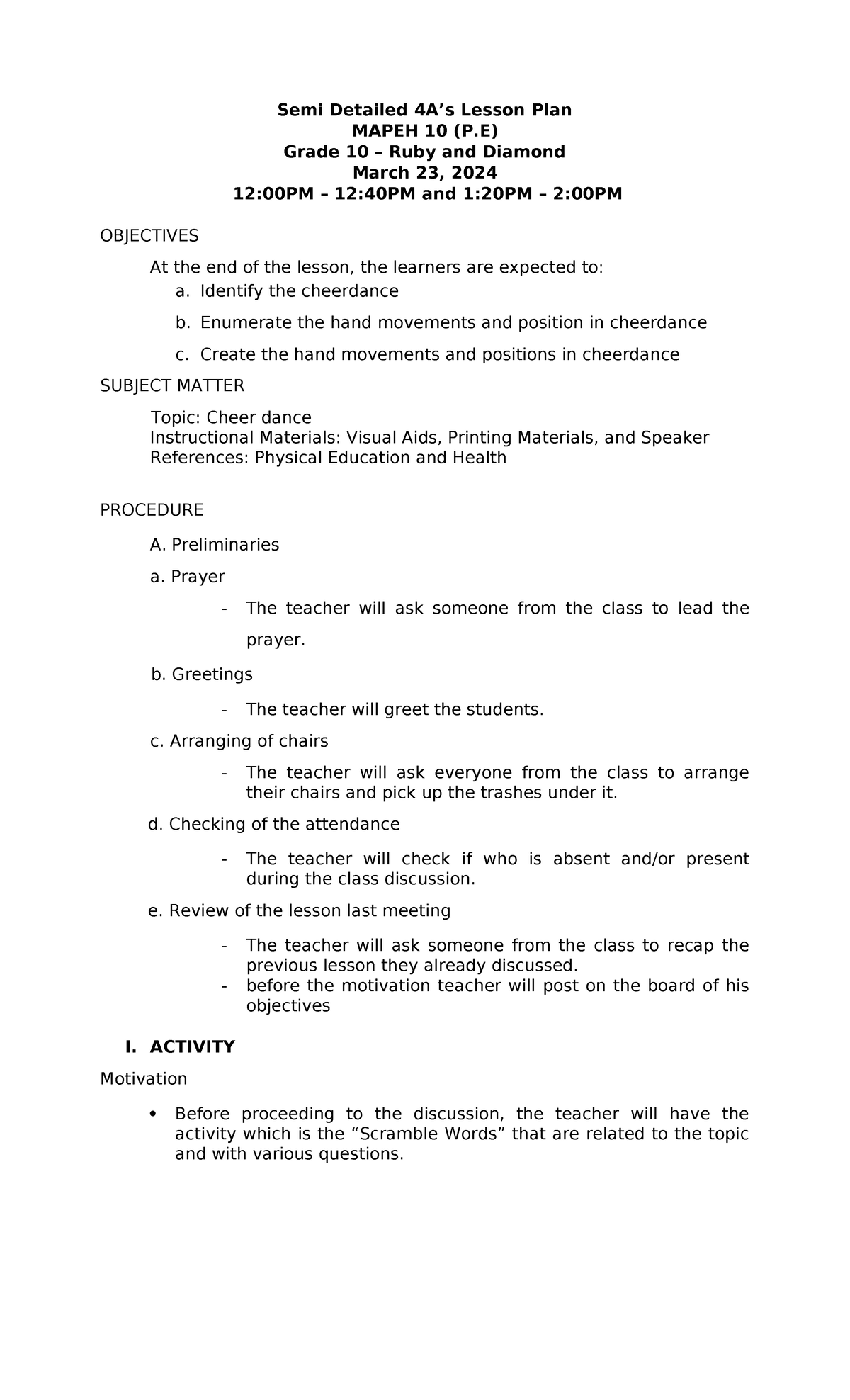 SDLP- P.E - Cheerdance (Final Demo Lesson Plan for Grade 10) - Studocu