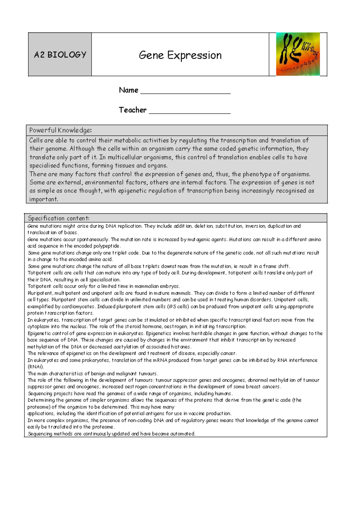 A2 BIOLOGY Gene Expression: Understanding Control Mechanisms and ...