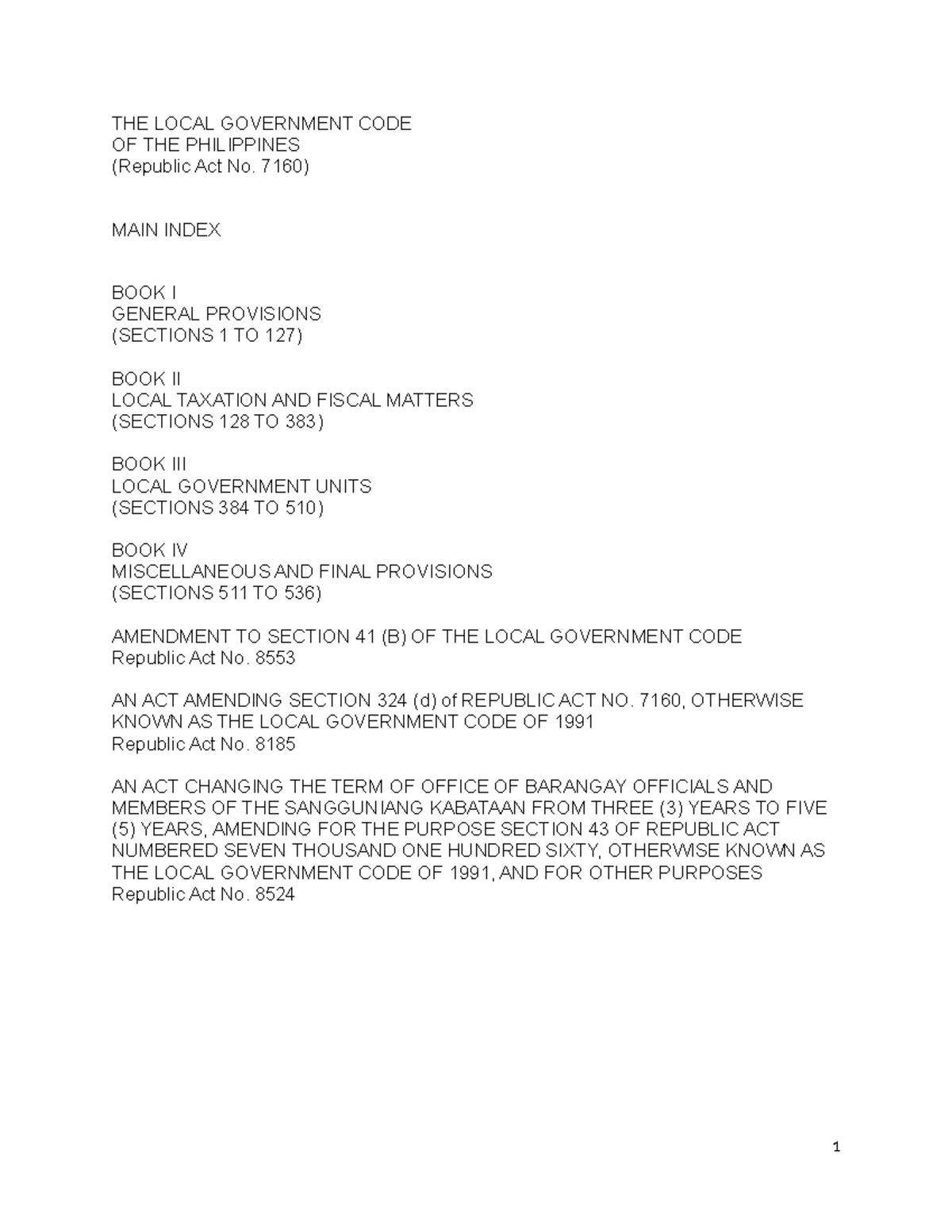 Local Government Code of 1991: Detailed Index and Provisions - Studocu