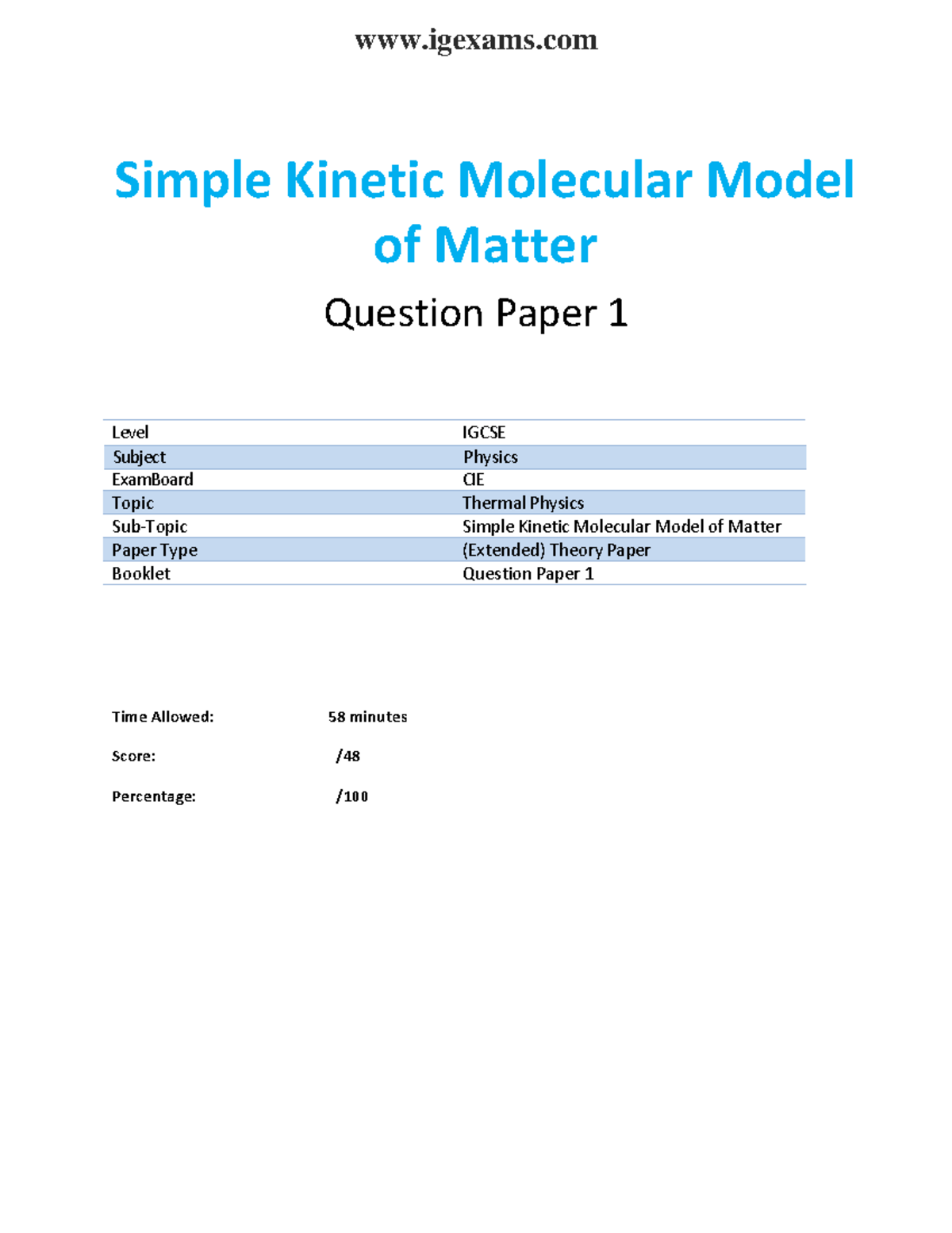 IGCSE Physics CIE Thermal Physics: Kinetic Molecular Model Exam Paper 1 ...