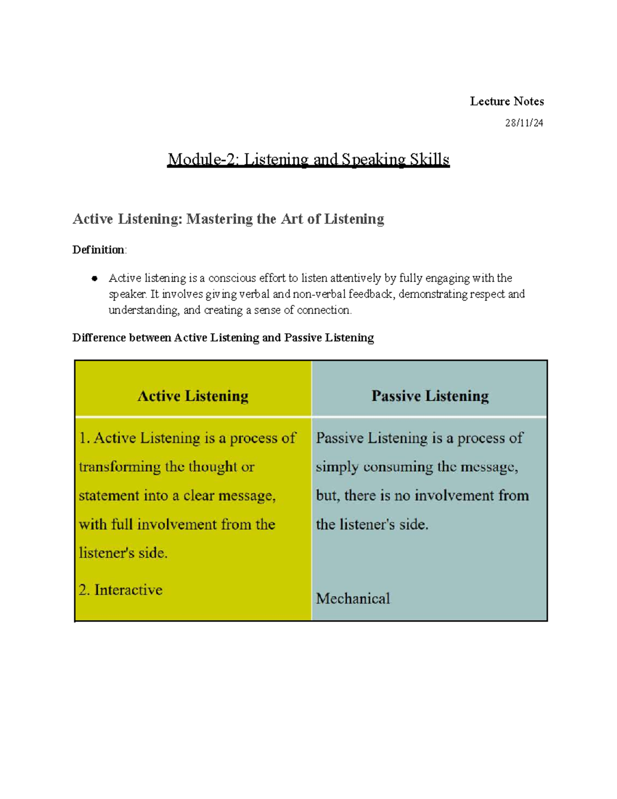 Lecture Notes: Active Listening Techniques in Module 2 (Listening ...