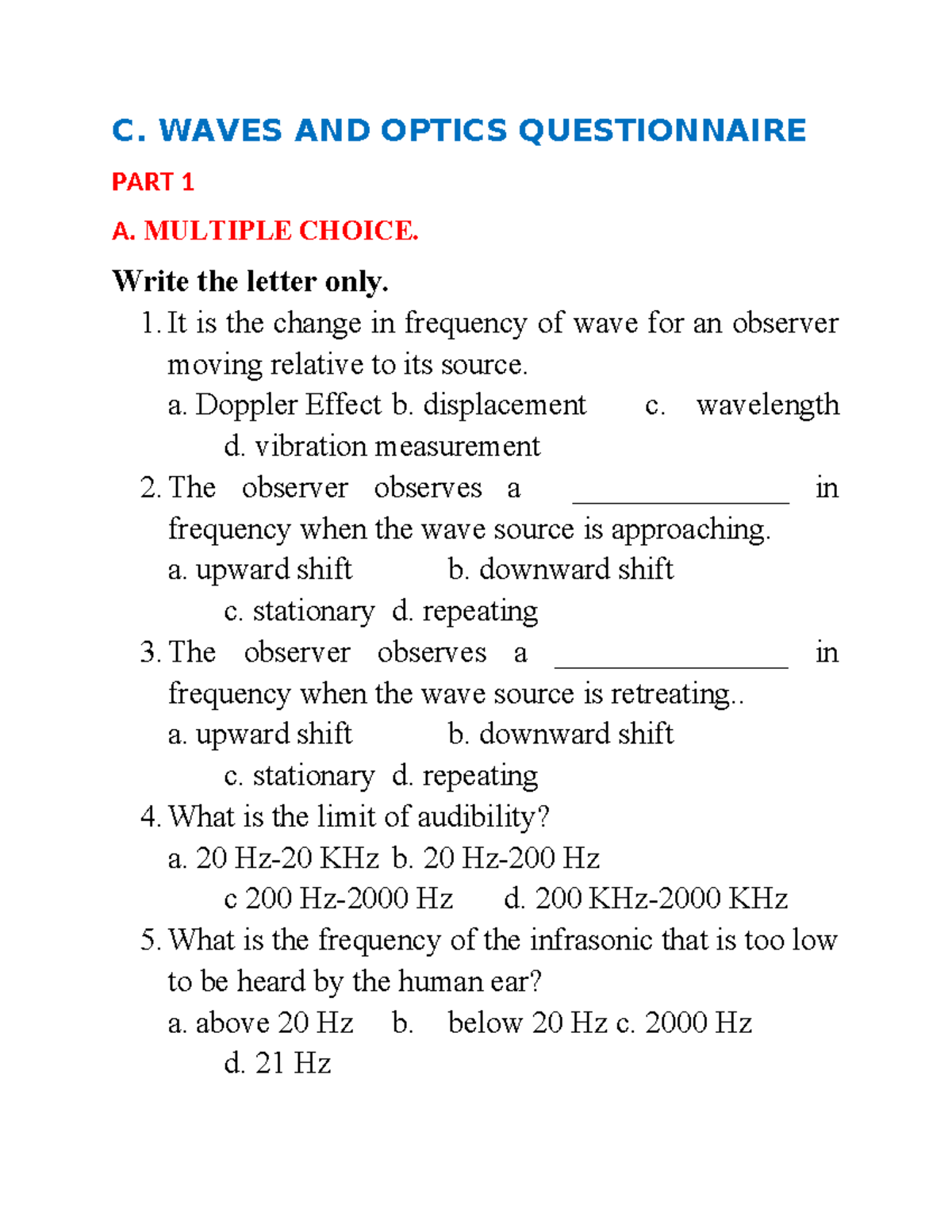 WAVES AND OPTICS QUESTIONNAIRE PART 1: MCQs & Problem Solving - Studocu