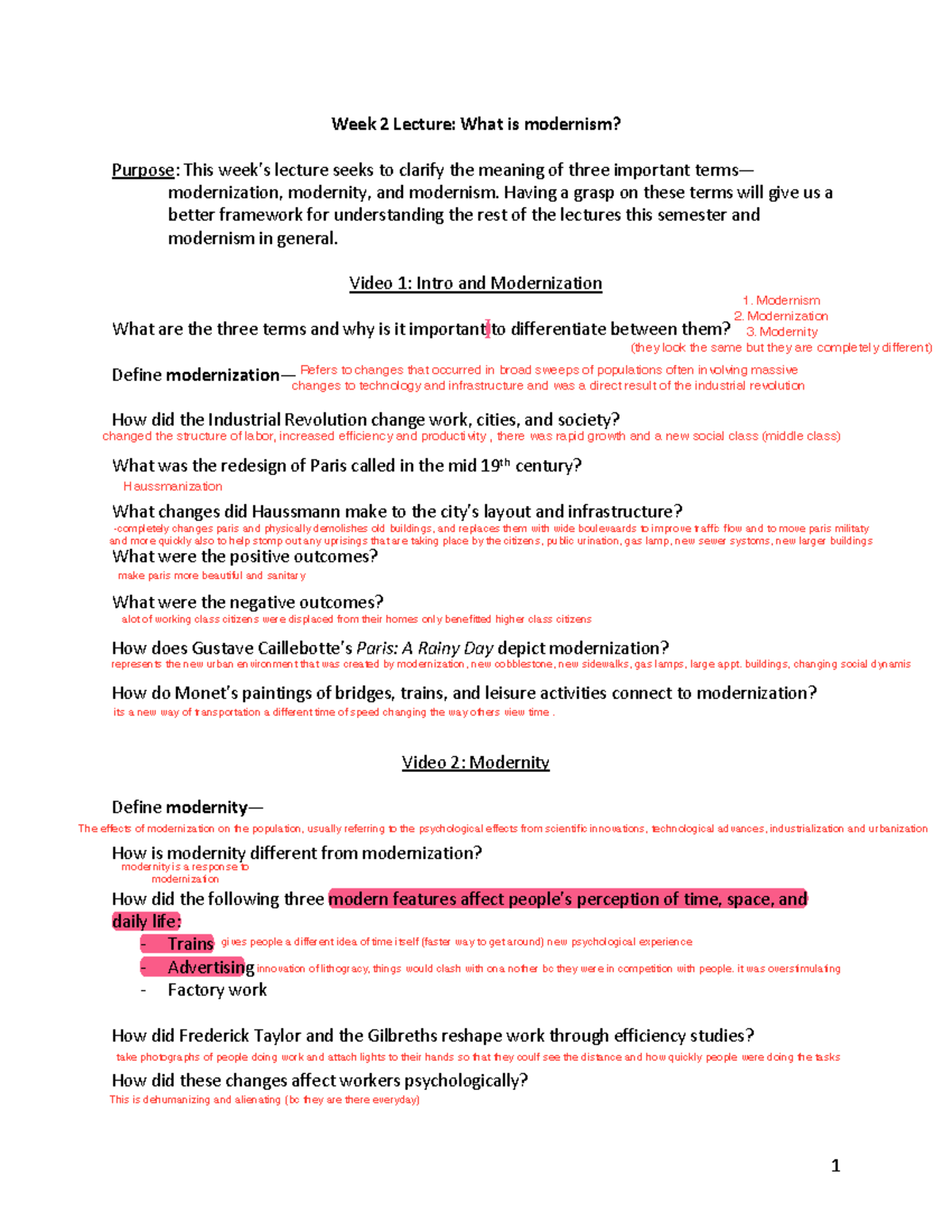 Art 461: Week 2 Lecture Study Guide on Modernism and Modernity - Studocu