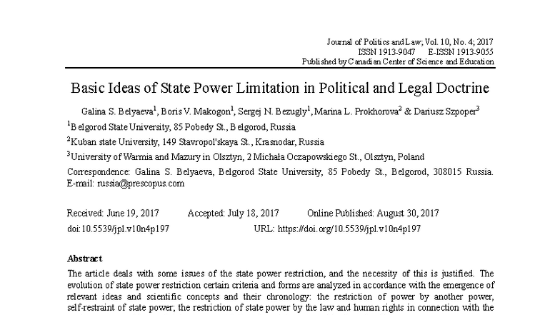 Basic Ideas of State Power Limitation in Political Doctrine - Vol. 10 ...