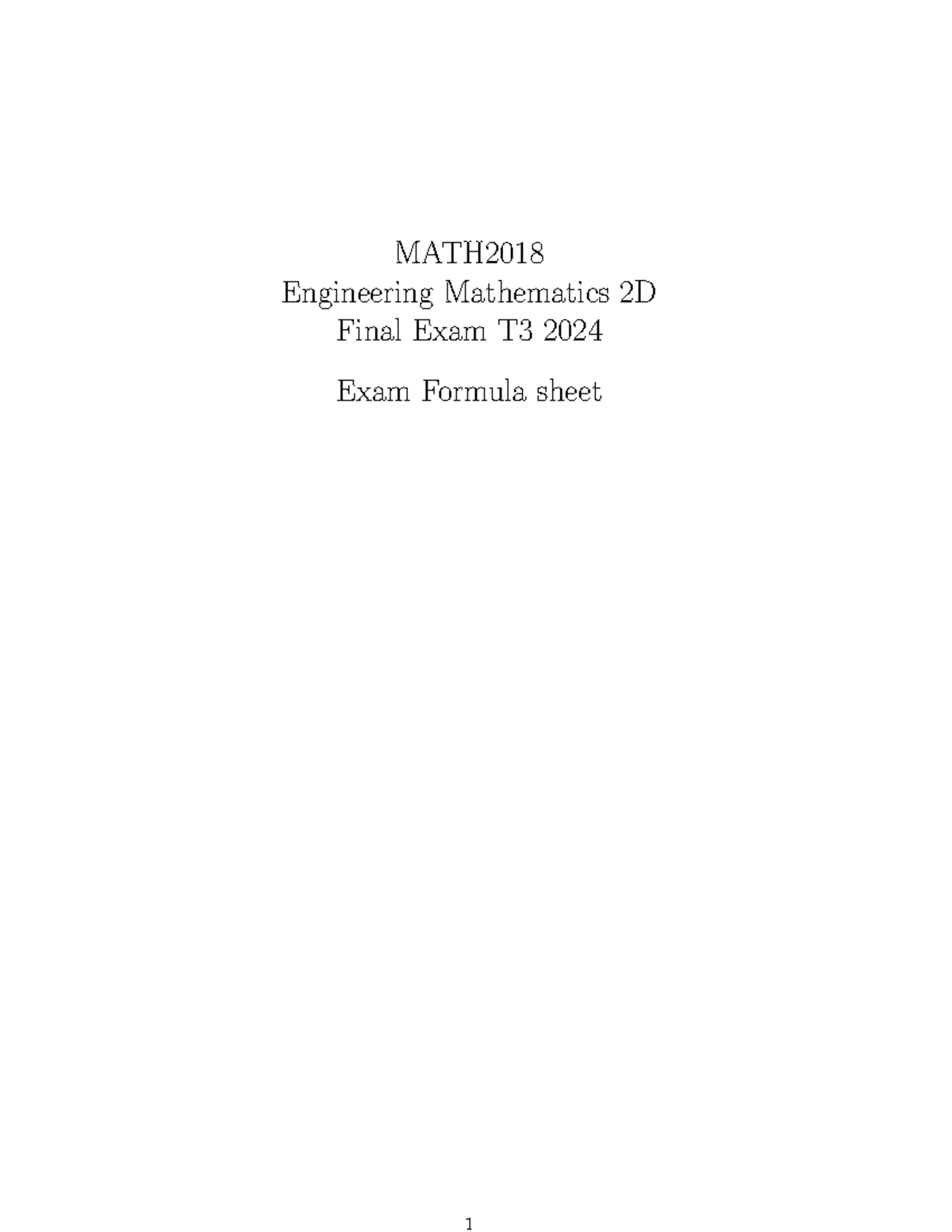 MATH2018 Engineering Mathematics 2D Final Exam Formula Sheet - Studocu