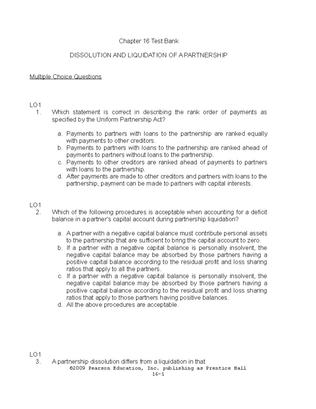 Chapter 16 Test Bank On Partnership Dissolution Liquidation Studocu