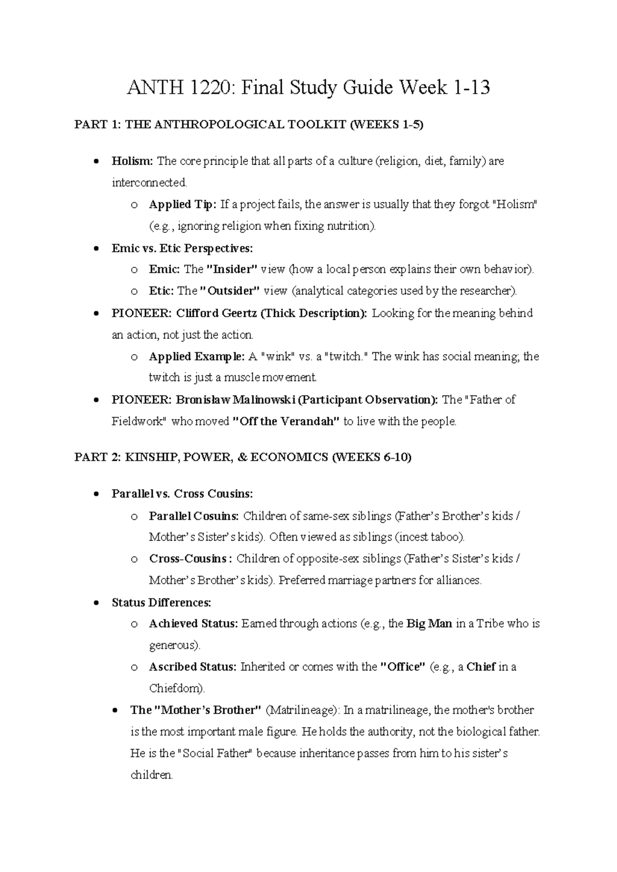 ANTH 1220: Final Study Guide - The Anthropological Toolkit & Concepts ...
