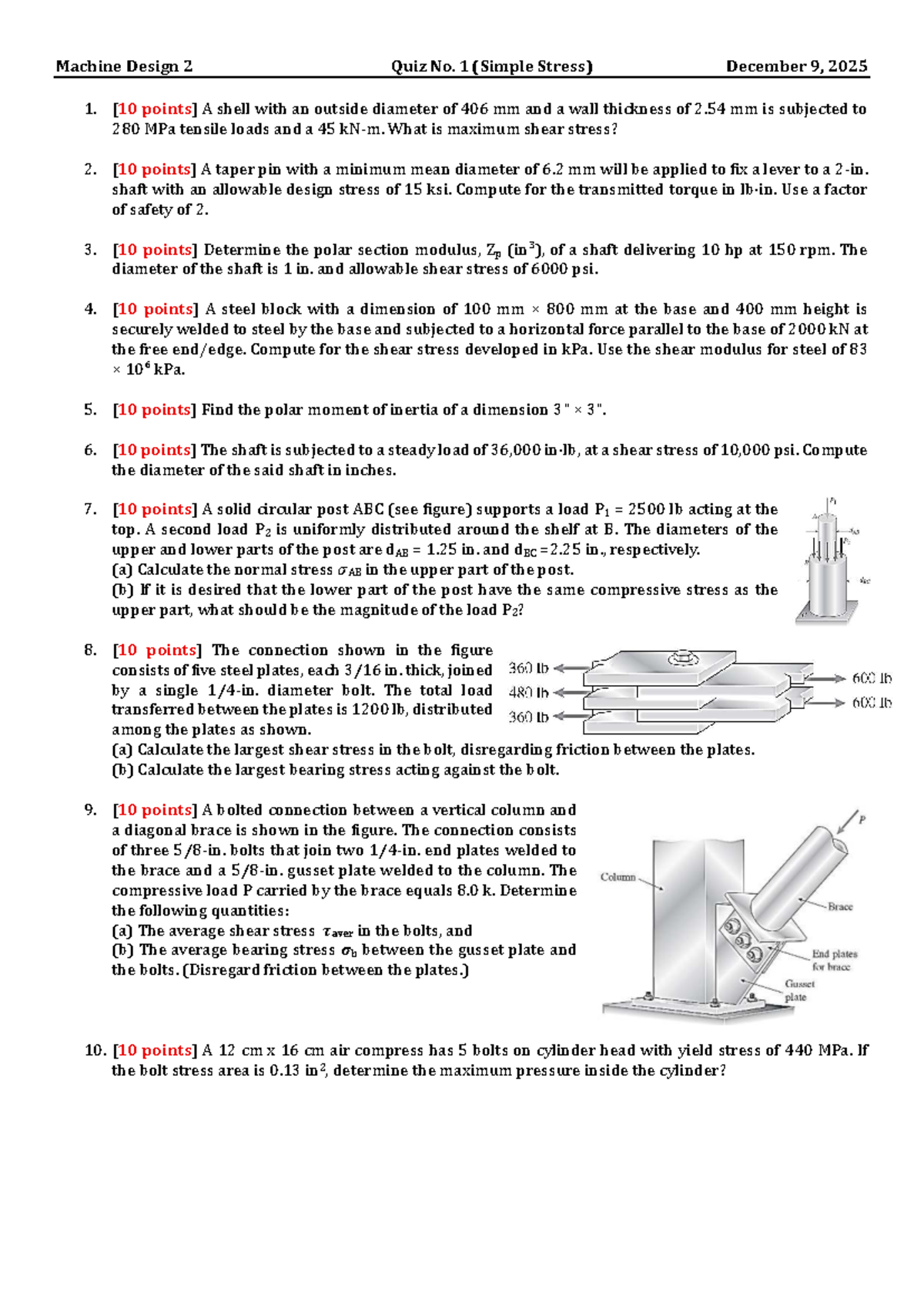 Machine Design 2 Quiz No. 1: Simple Stress Analysis - Studocu