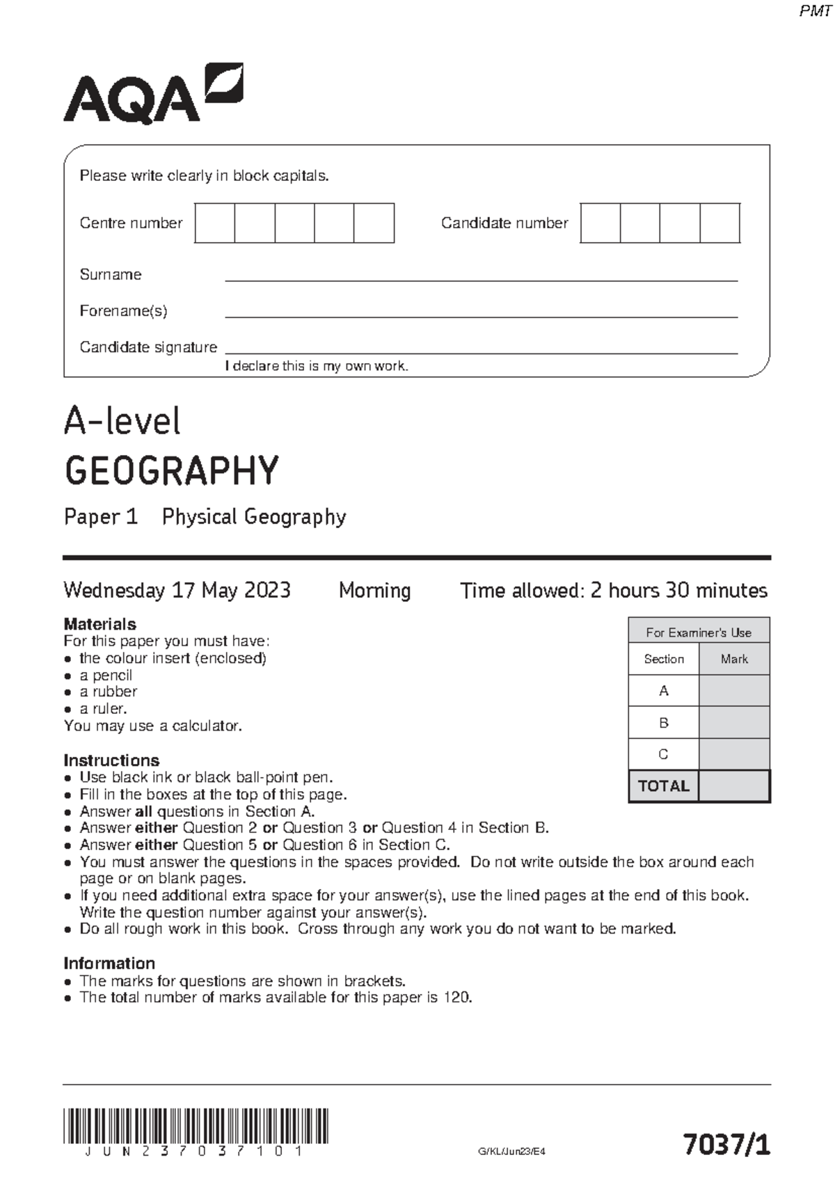 Geography Paper 1: Physical Geography Past Exam (JUN237037101) - Studocu