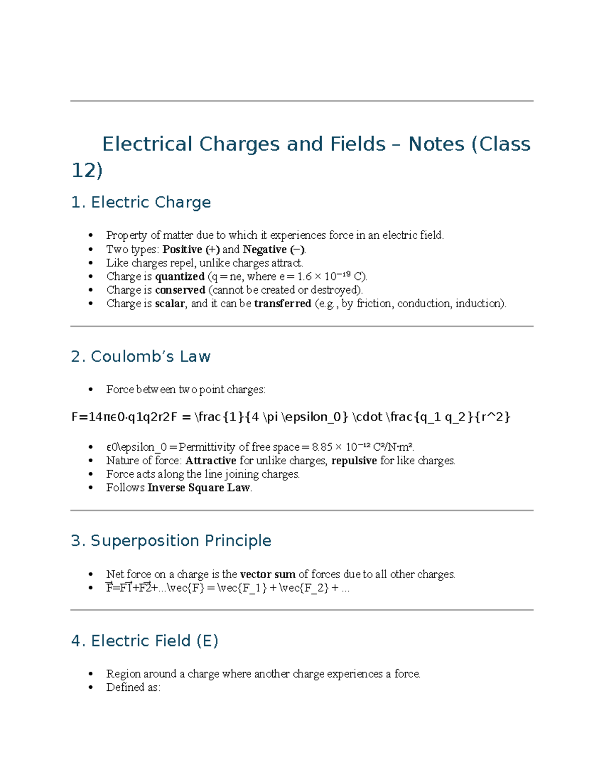 Electrical Charges and Fields Notes (Class 12) - EC Note KGP 132 - Studocu