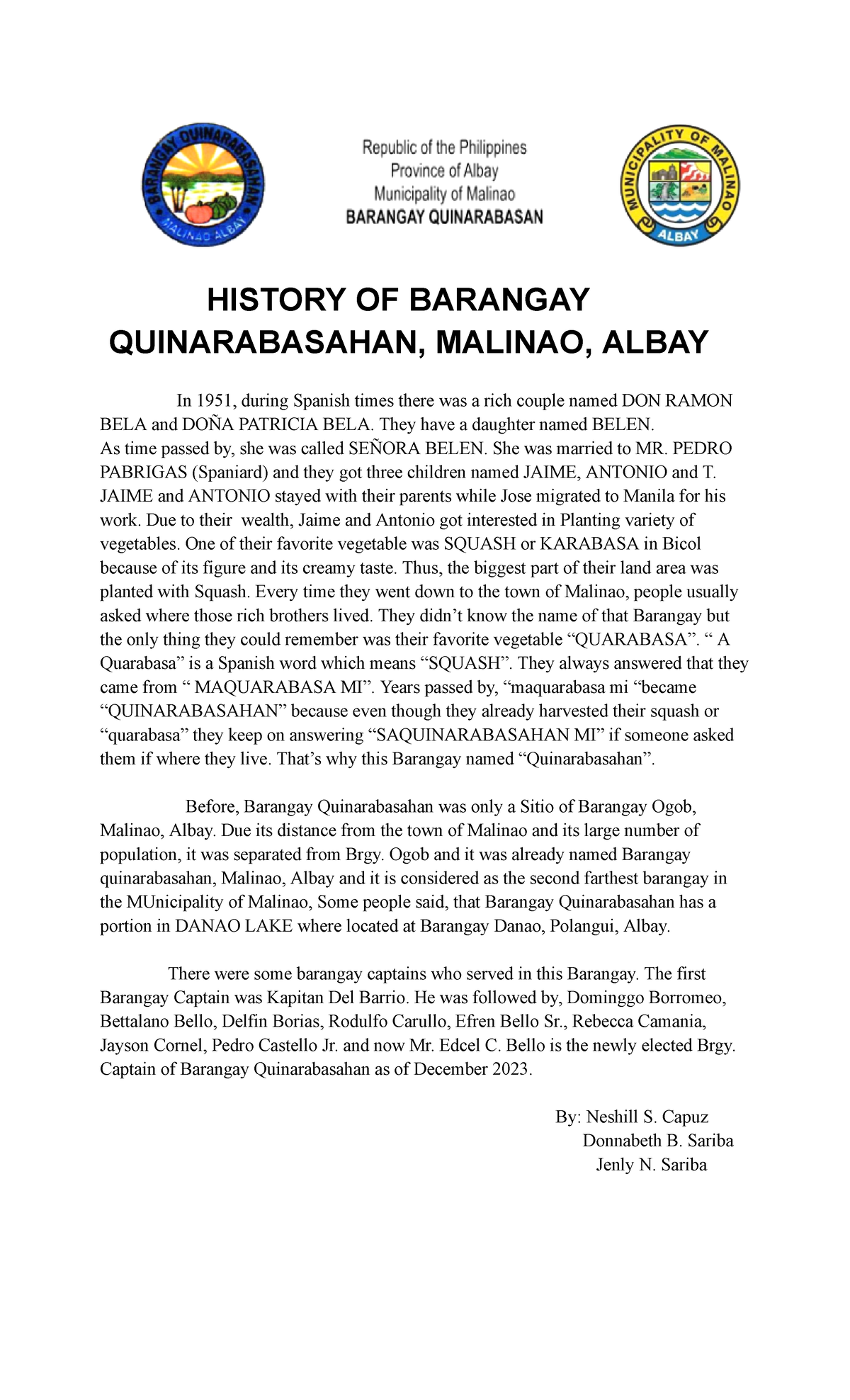History of Barangay Quinarabasahan-1: From Its Origins to 2023 - Studocu