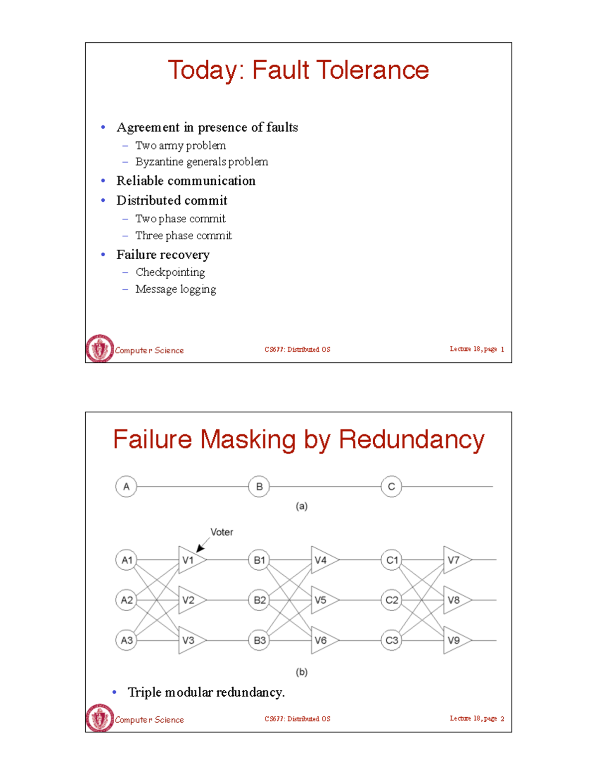 CS677: Distributed OS Lecture 18 - Fault Tolerance and Agreement ...