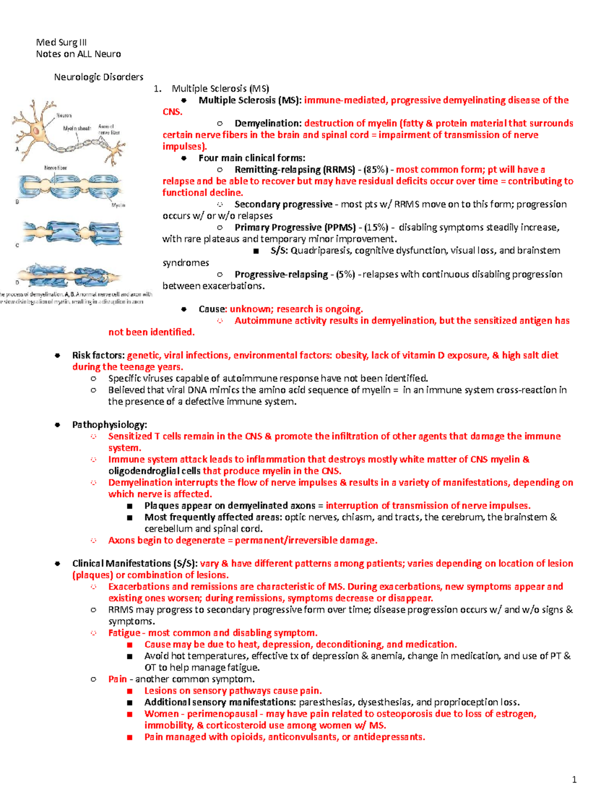 Med Surg III: Comprehensive Notes on Neurologic Disorders - Studocu