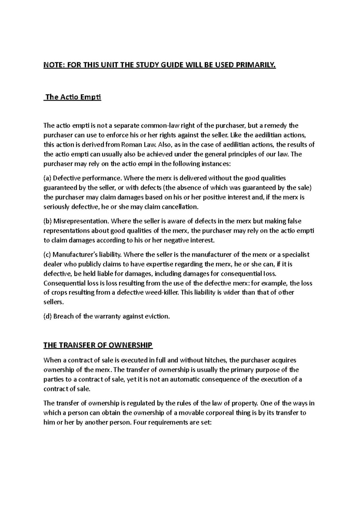 Commercial LAW Contract OF SALE - NOTE: FOR THIS UNIT THE STUDY GUIDE ...