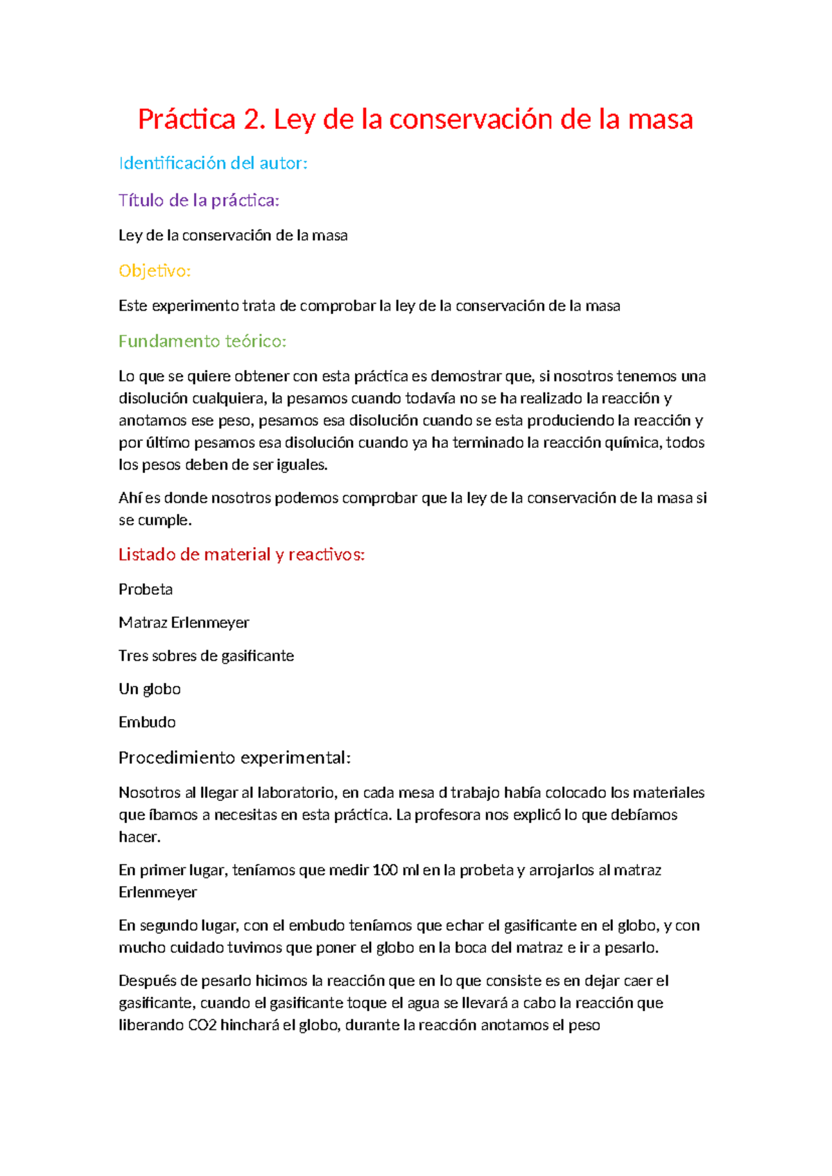 Practica ley de la conservacion de la masa - Práctica 2. Ley de la ...