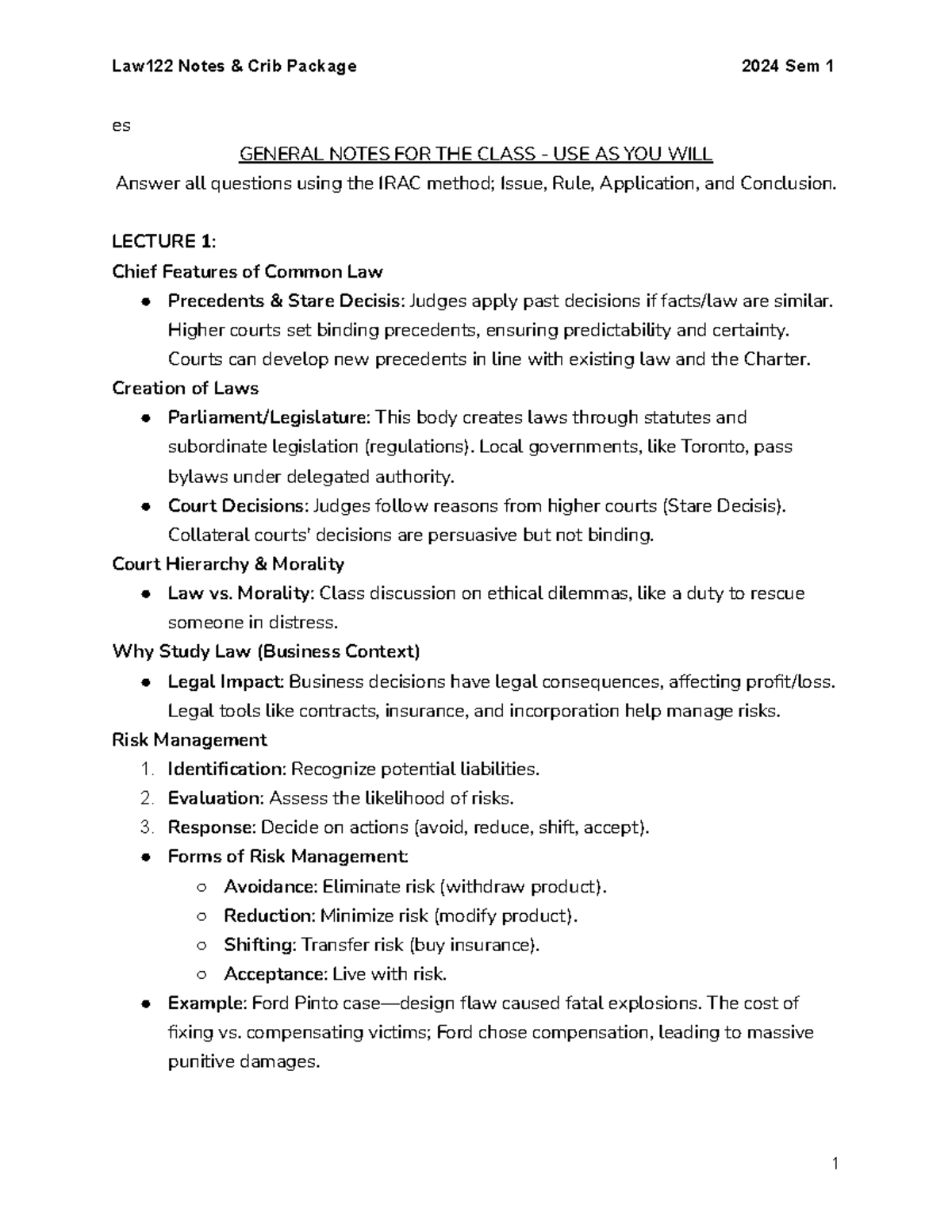Law122 Crib Notes Package 2024 Sem 1: Key Legal Principles & Cases ...