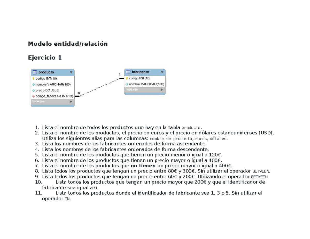 Modelo Relacional SQL: Ejercicios y Consultas (Ejercicio 1) - Studocu