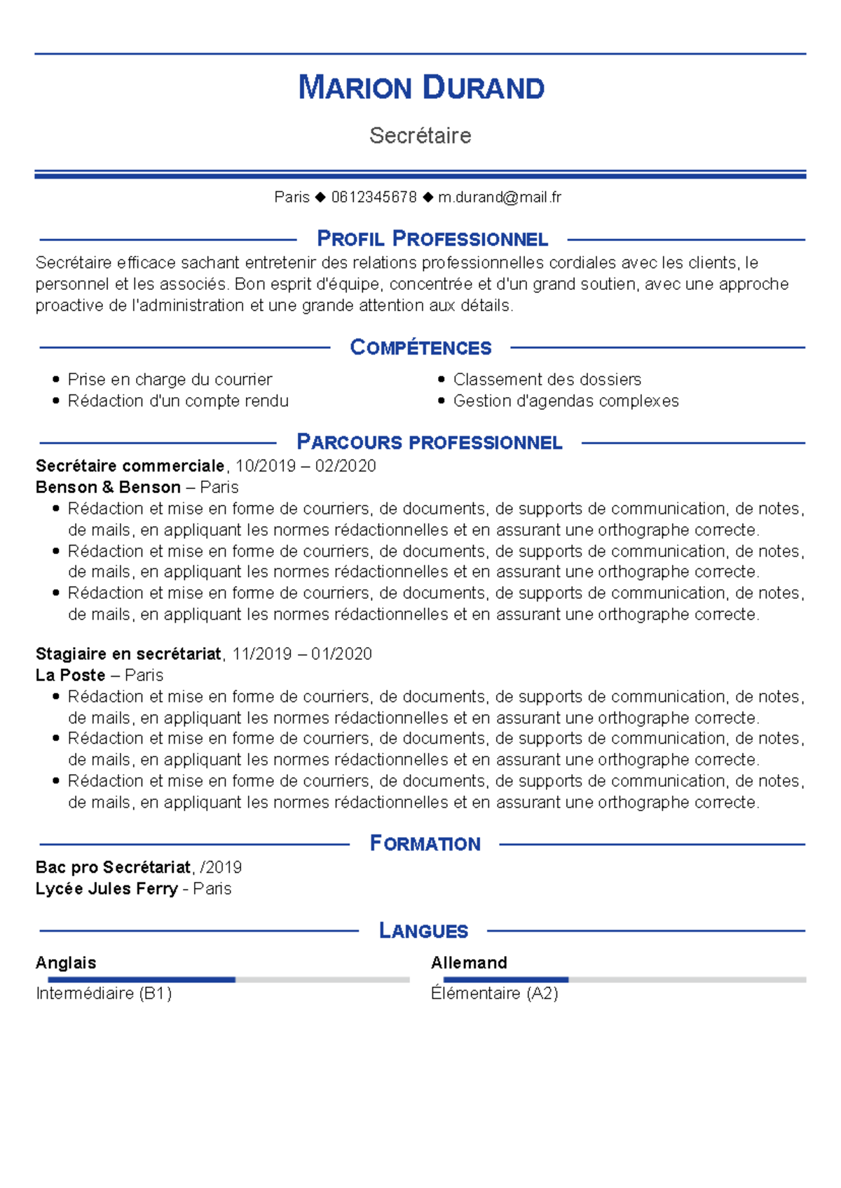 Marion Durand CV Elegant - MARION DURAND Secrétaire Paris 0612345678 m ...